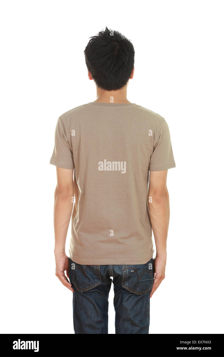 man with blank brown t-shirt (back side) isolated on white background ...
