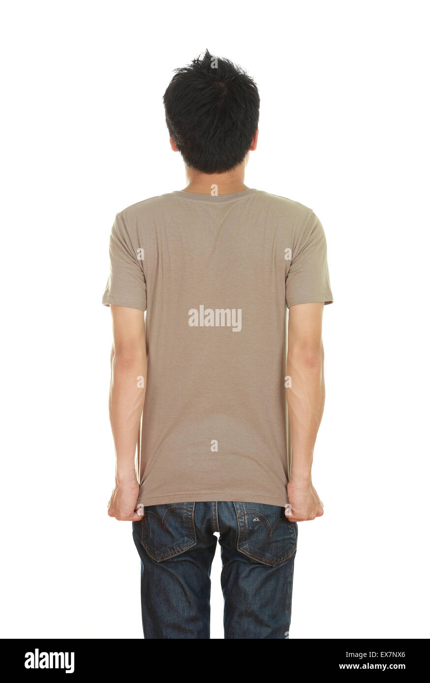 man with blank brown t-shirt (back side) isolated on white background ...