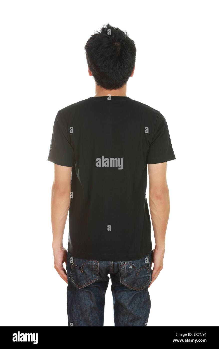 man with blank black t-shirt (back side) isolated on white background ...