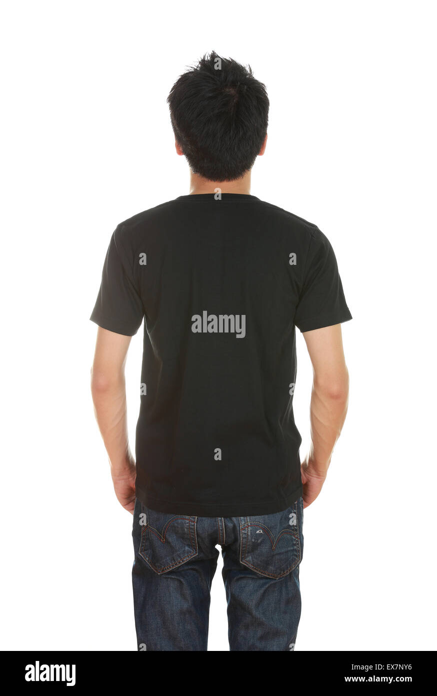 man with blank black t-shirt (back side) isolated on white background ...