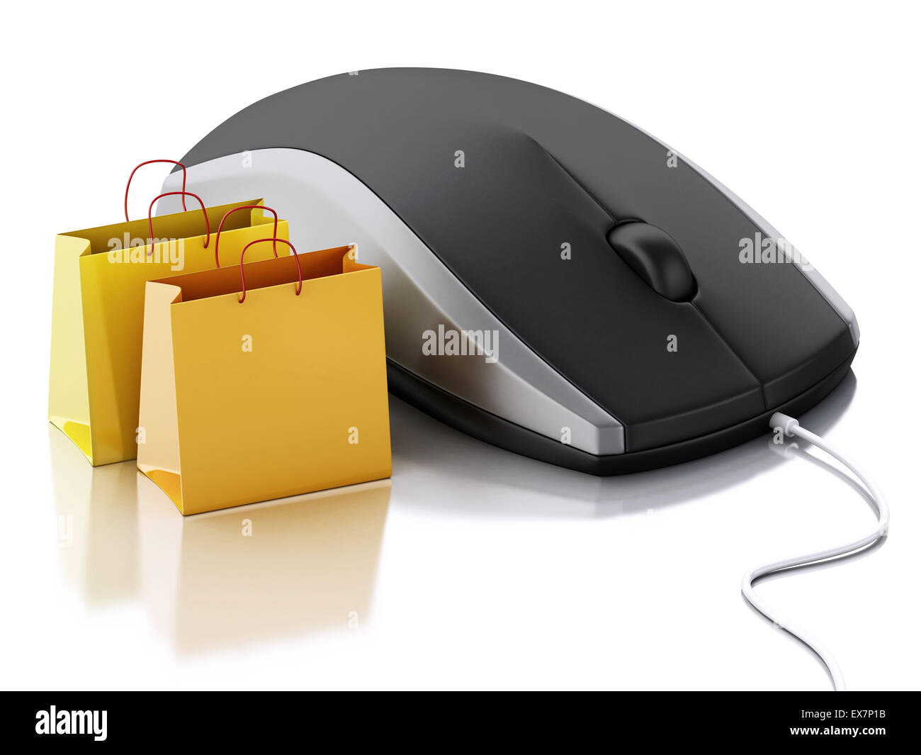 3d image. Computer mouse with shopping bags. Online Shopping Concept ...