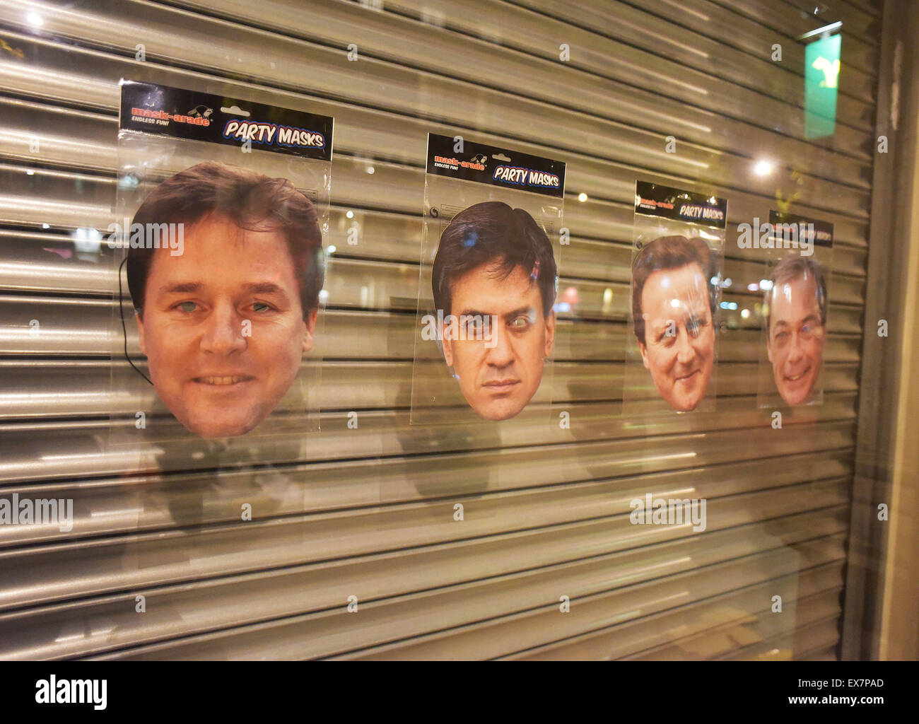 Masks Of The Election Candidates in a shop window In London Where ...