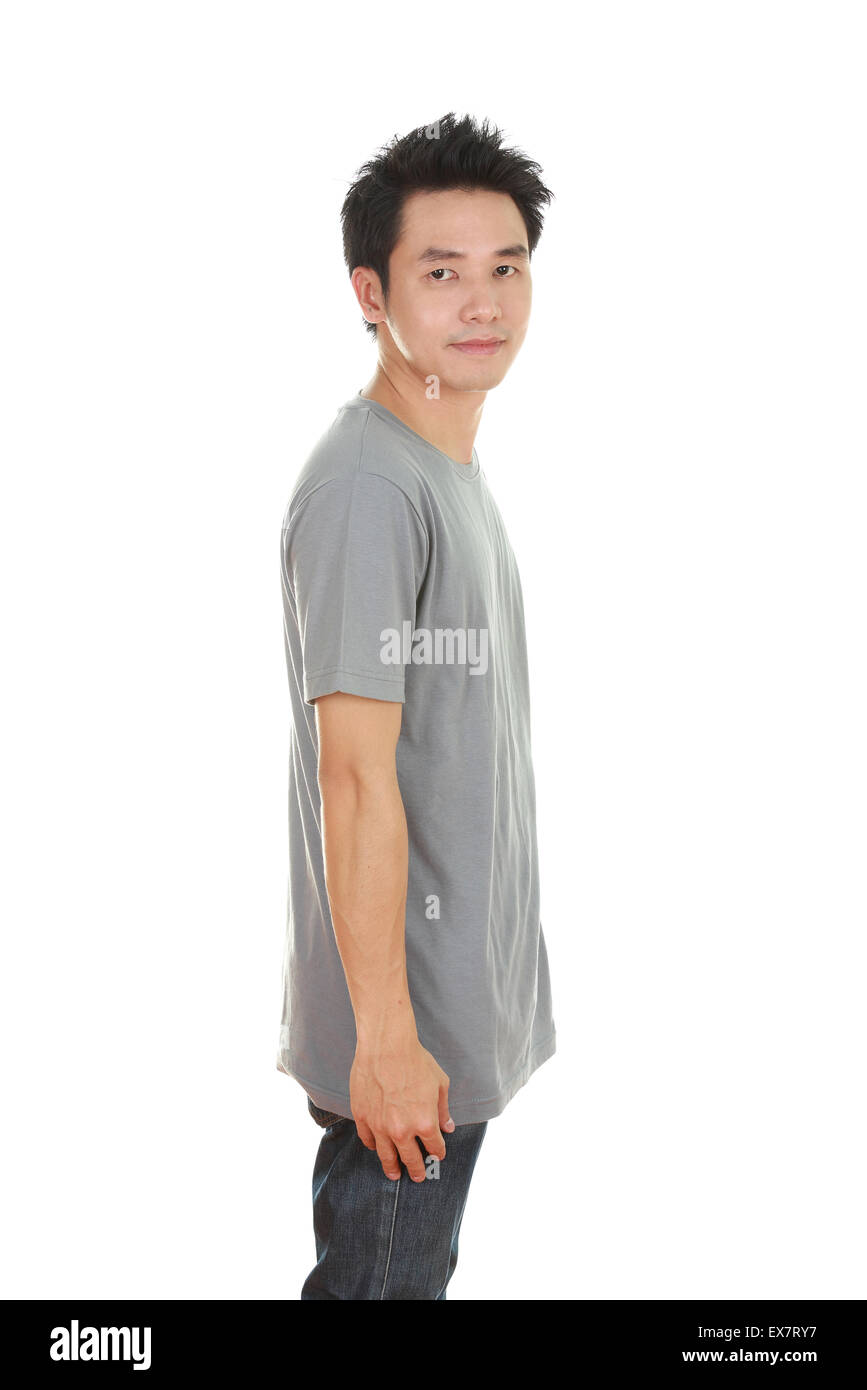 man with gray t-shirt (side view) isolated on white background Stock ...
