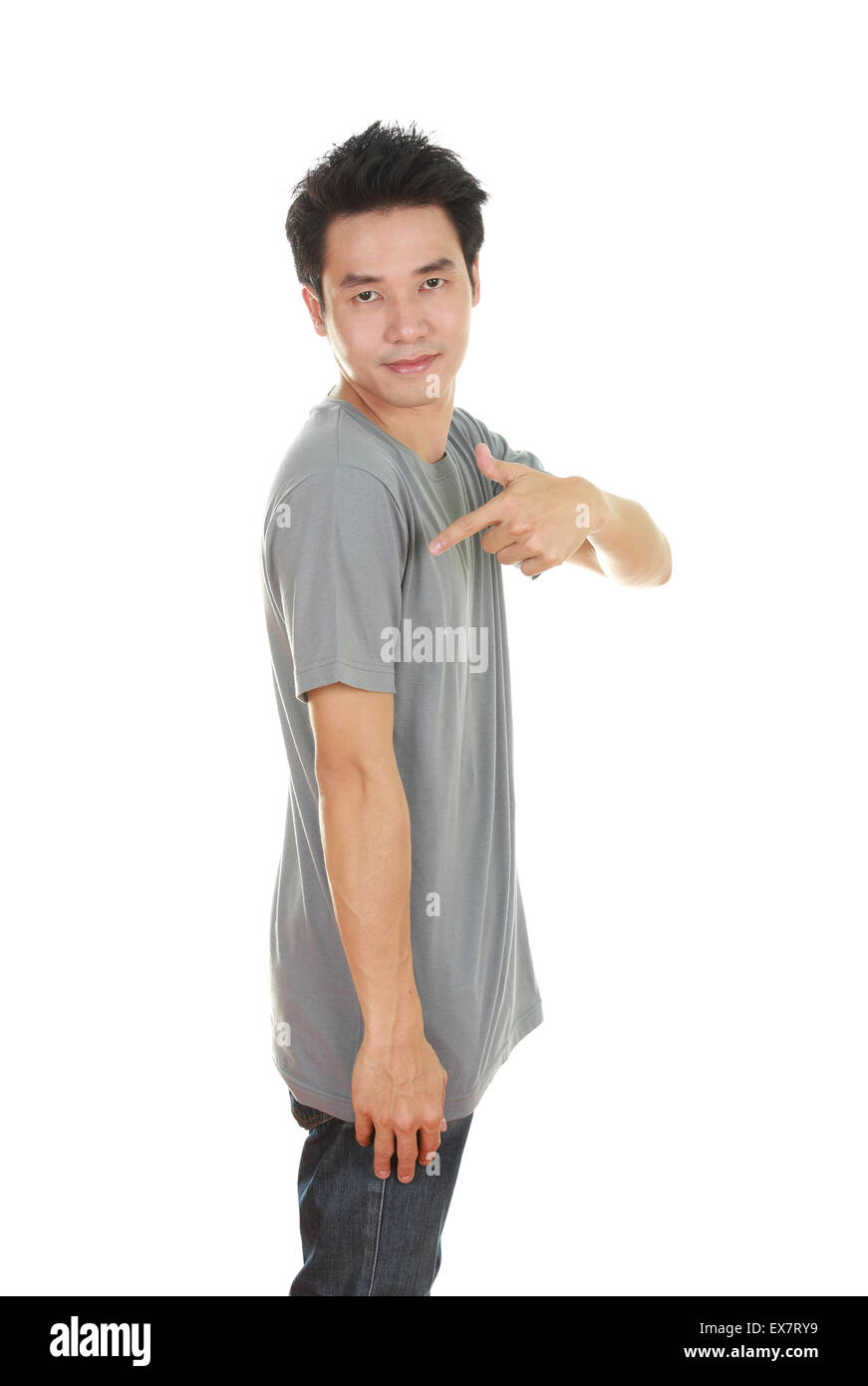 man with gray t-shirt (side view) isolated on white background Stock ...