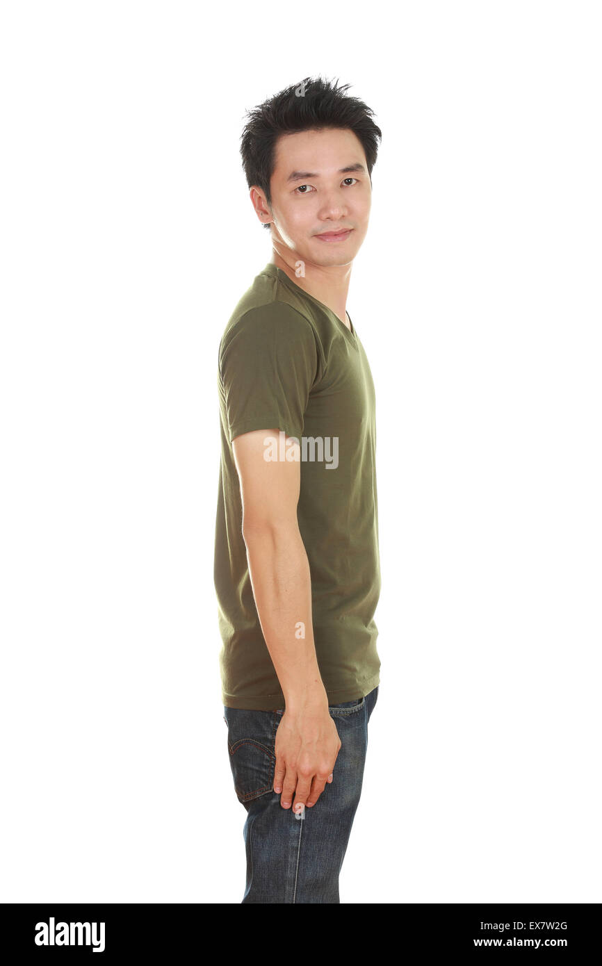 man with green t-shirt (side view) isolated on white background Stock ...