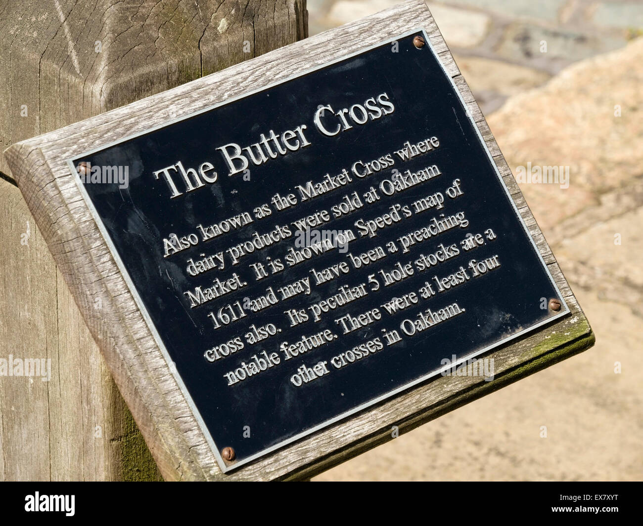 Old Butter Cross information sign, Oakham, Rutland, England, UK Stock ...