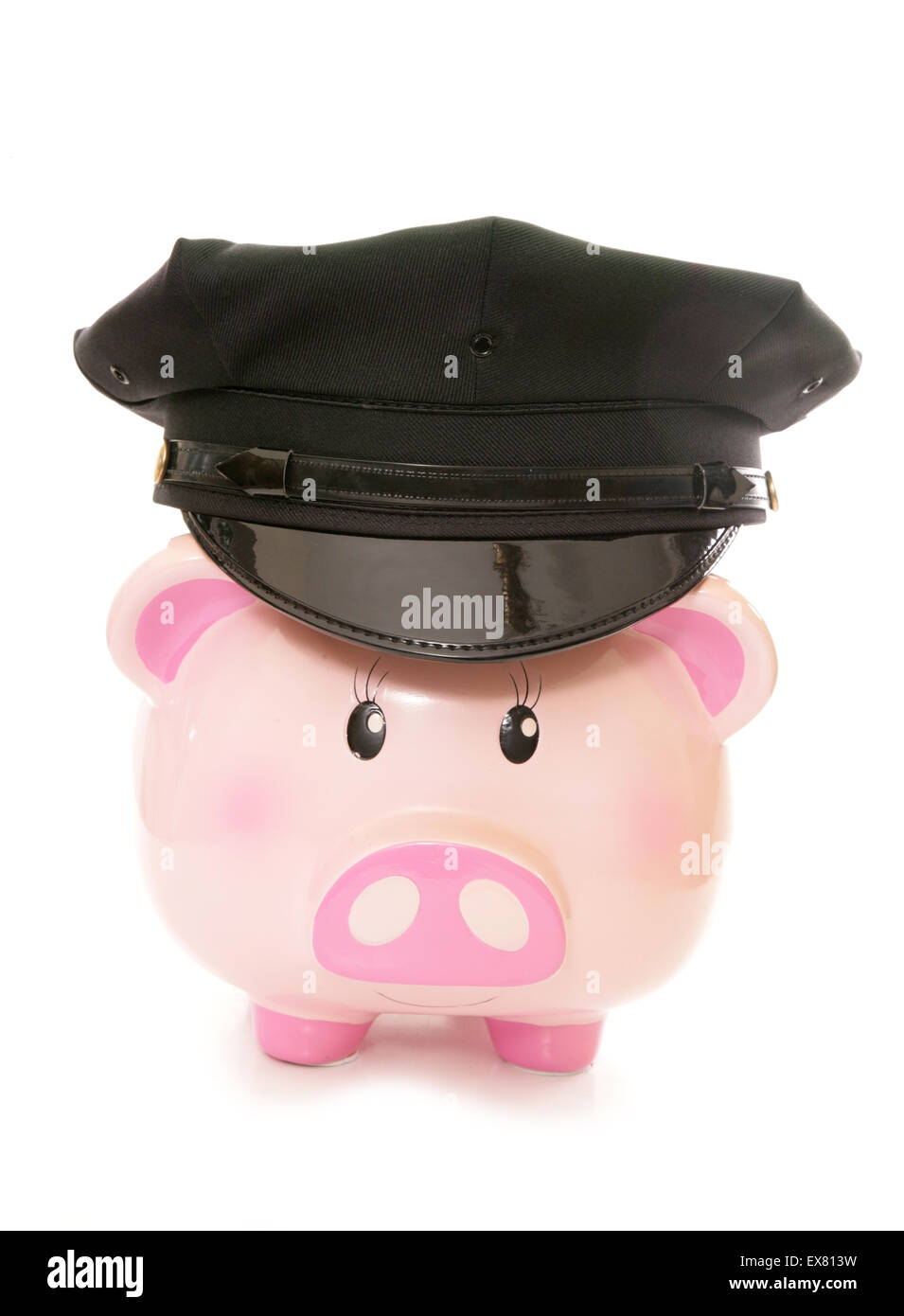 Piggy bank wearing american police cap cutout Stock Photo - Alamy