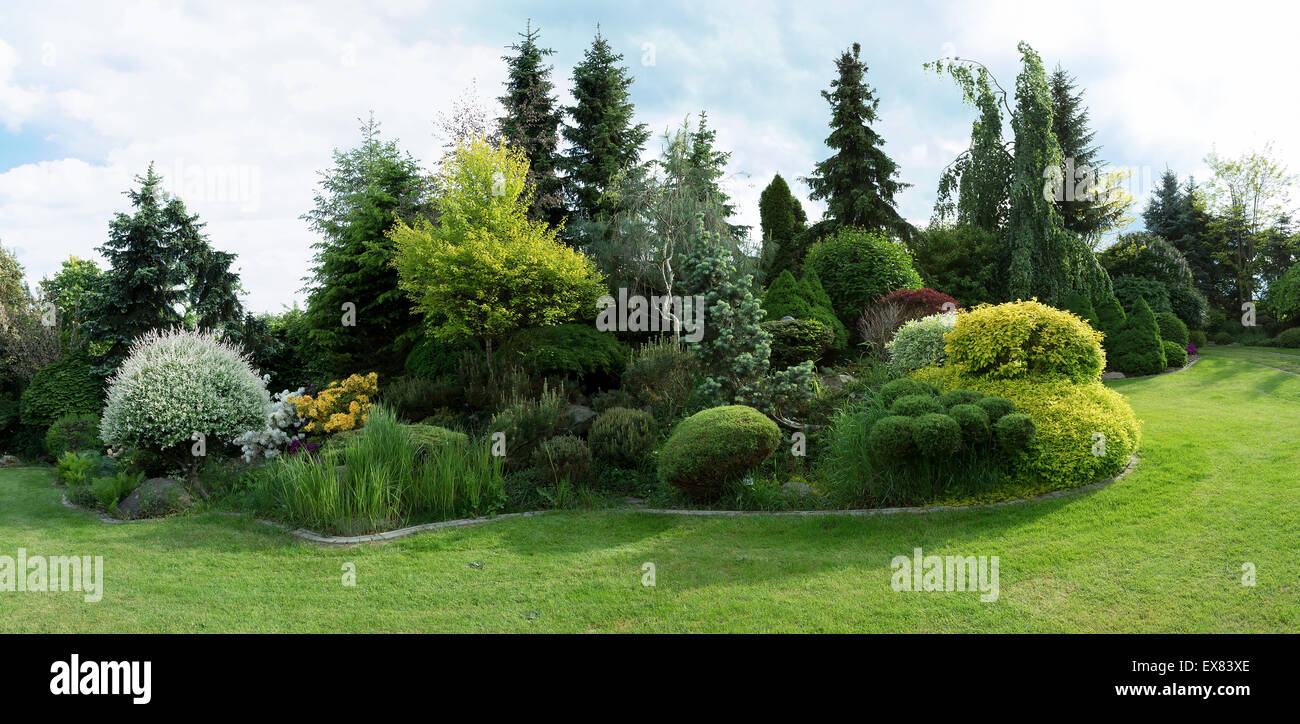Beautiful spring garden design, with conifer trees, green grass and ...