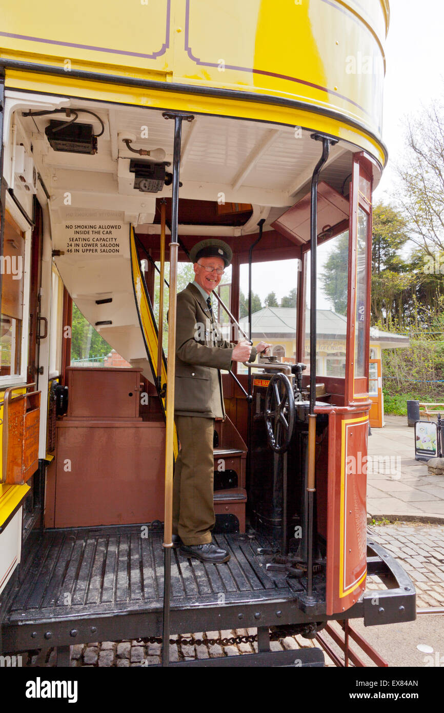 The driver of a Leeds tram from 1926 at the National Tramway Museum ...