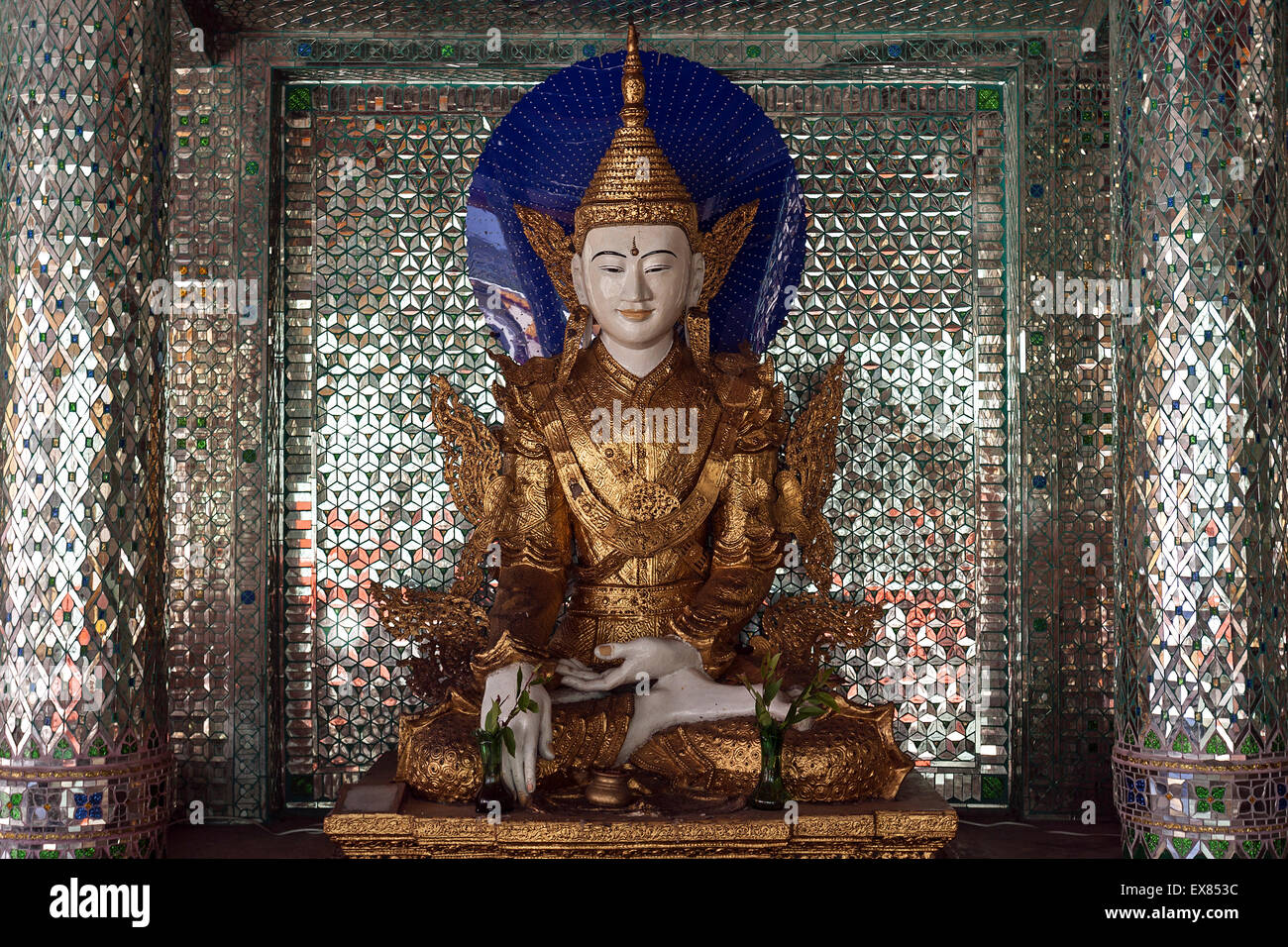 Buddha statue inside a shrine with mirror mosaic, Shwedagon Pagoda ...