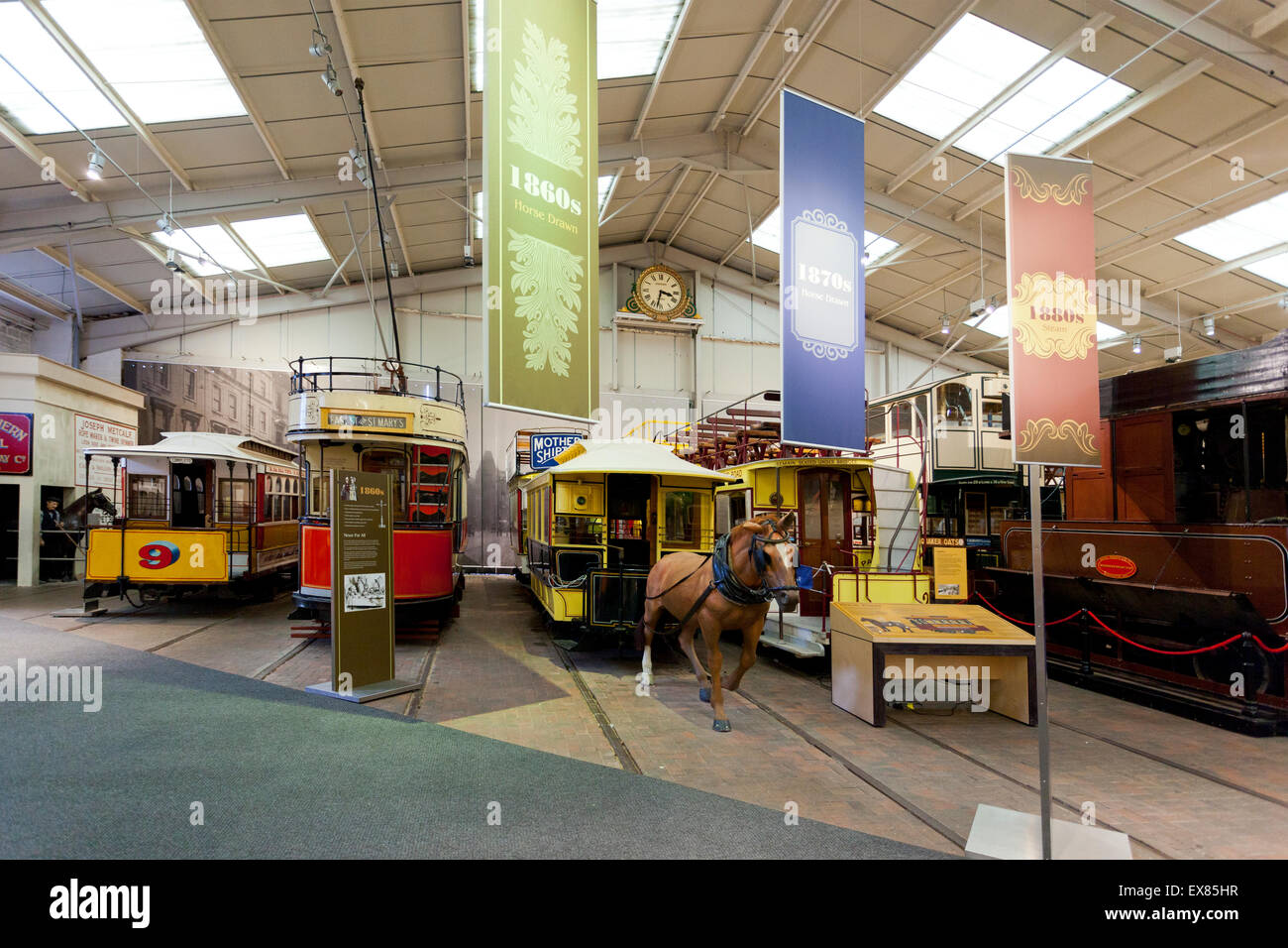 A selection of colourful trams inside the Exhibition Hall at the ...