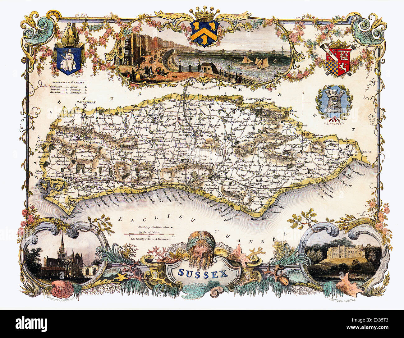 Sussex Map, 1850 by Thomas Moule of the English county, with ...