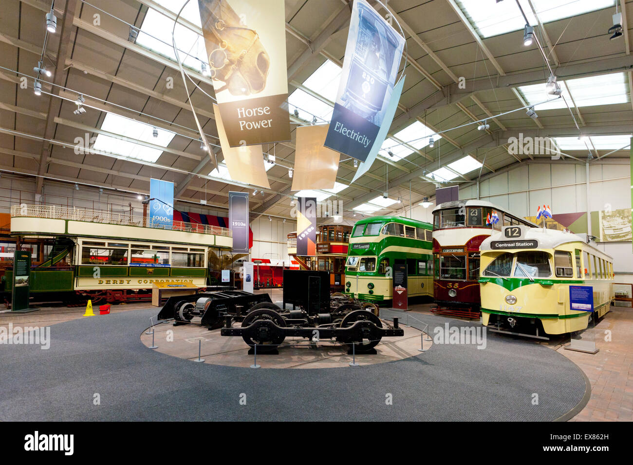 A selection of colourful trams inside the Exhibition Hall at the ...