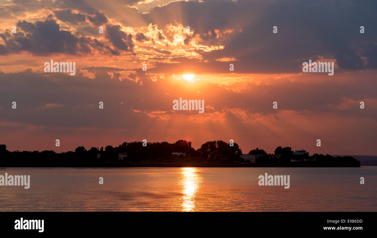 Summer Sunrise With Beautiful Cloudy Sky Over Calm Lake Water Stock ...