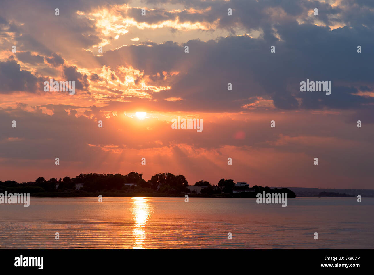 Summer Sunrise With Beautiful Cloudy Sky Over Calm Lake Water Stock ...