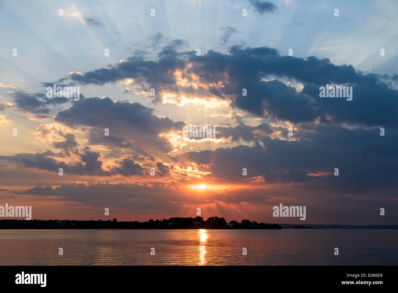 Summer Sunrise With Beautiful Cloudy Sky Over Calm Lake Water Stock ...