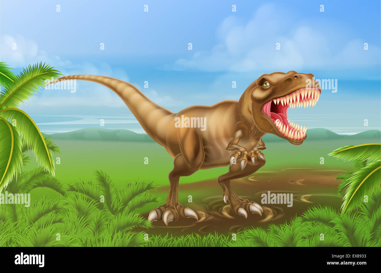 An illustration of a mean looking Tyrannosaurs Rex dinosaur in a ...