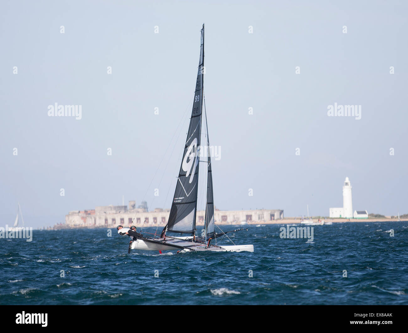 NACRA F20 FCS catamaran sailed by Grant Piggott & Adam Kay off Hurst ...