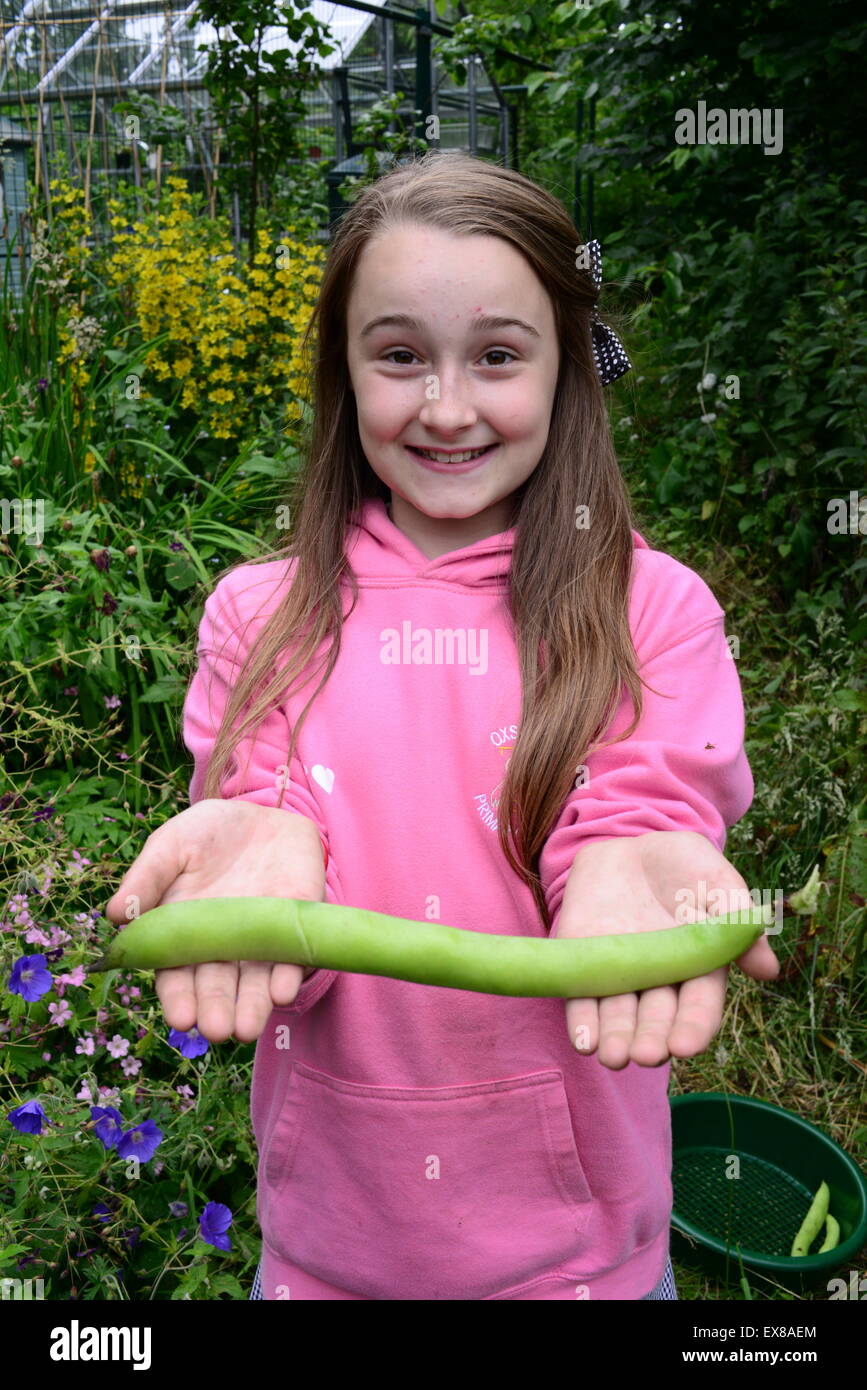 A little girl holding a broad bean grown in the school garden. Picture ...