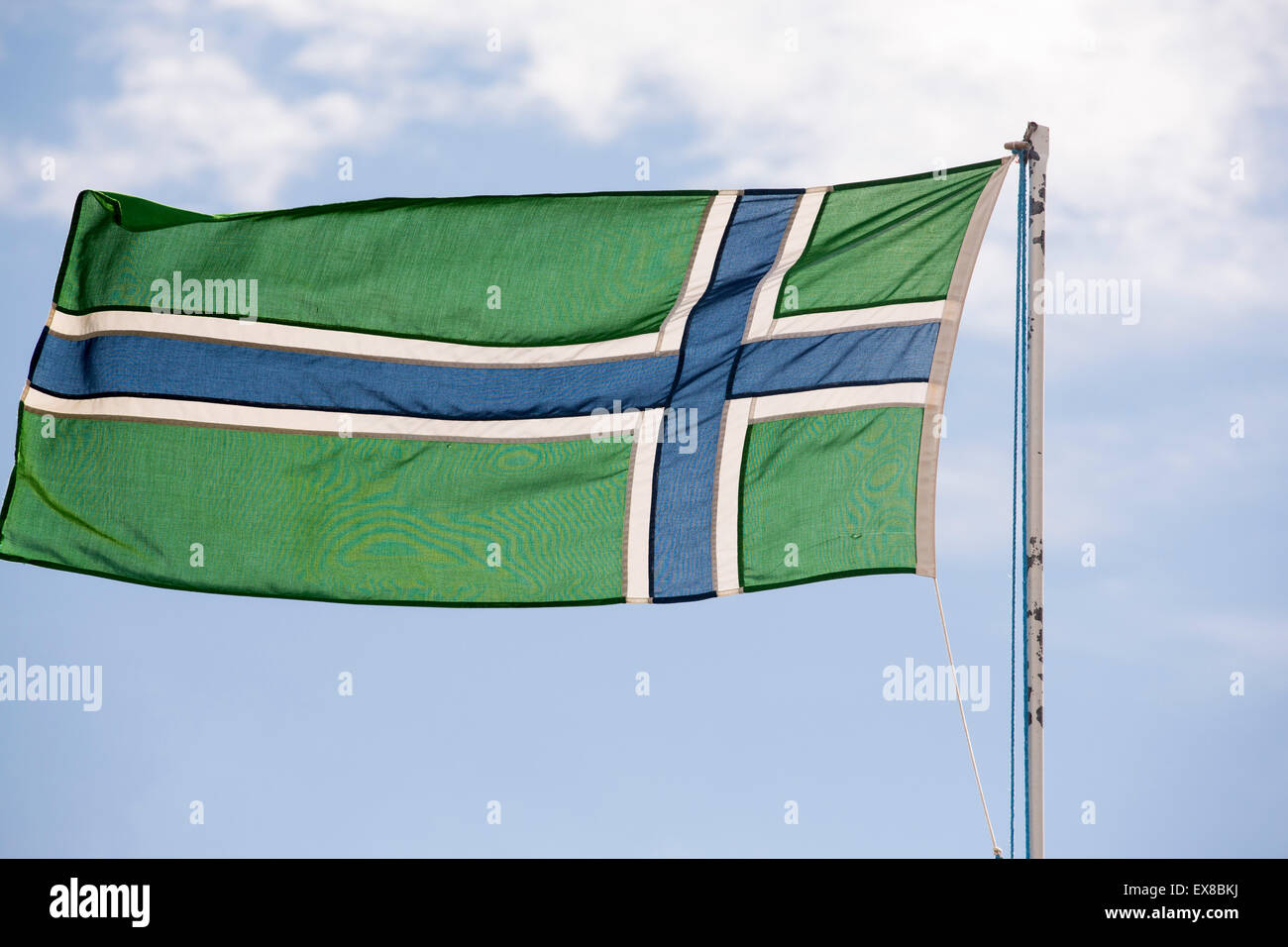 An Outer Hebrides flag flying in Tarbert on the Isle of Harris, Outer ...