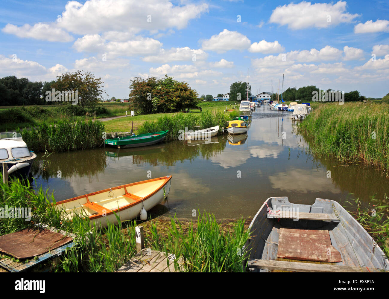 A view of boats moored in a small dyke at Martham Ferry, Norfolk ...