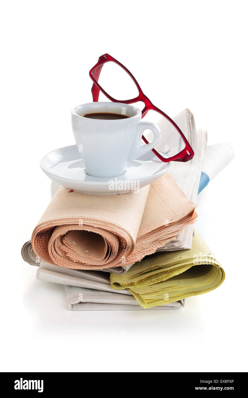 Coffee and newspapers isolated on white background Stock Photo - Alamy