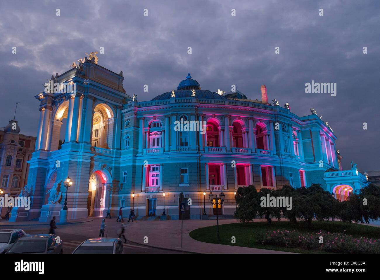 The Odessa Opera House in the Evening lit with different colored ...