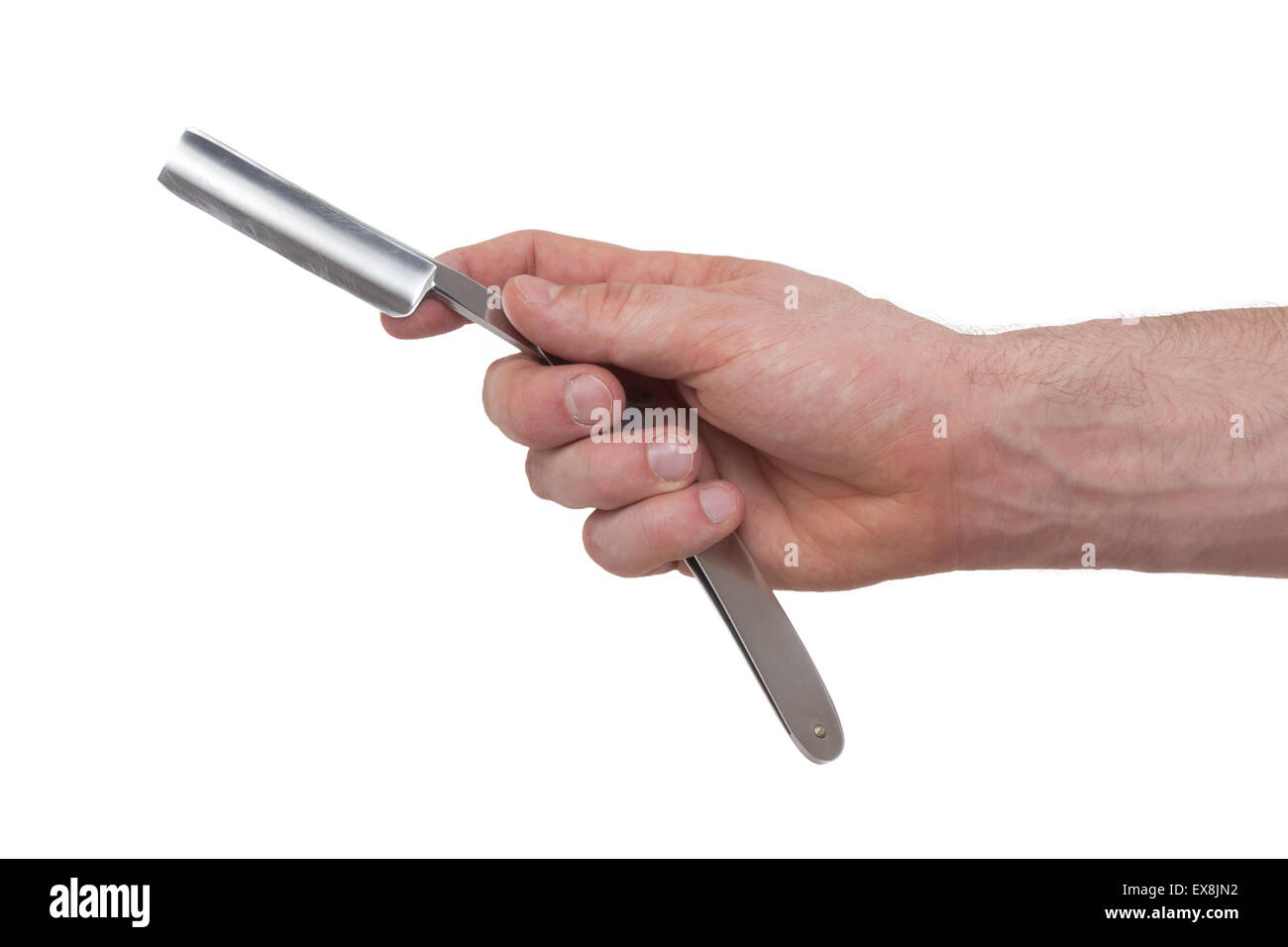 Old straight razor held by one hand, isolated on white Stock Photo - Alamy