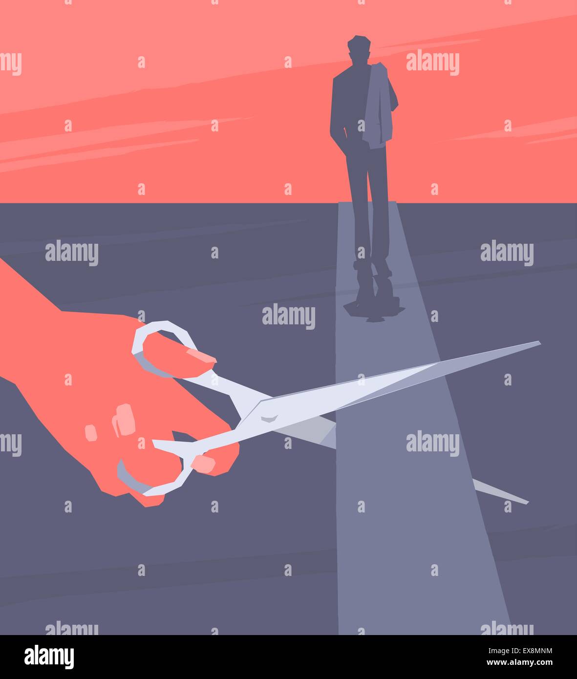 End of relationship. The female hand using scissors cuts the road on ...