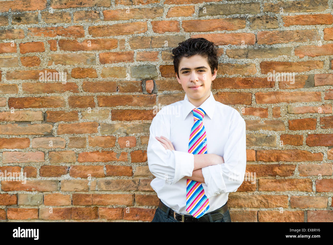 Handsome Caucasian boy wearing a white shirt and a regimental tie with ...