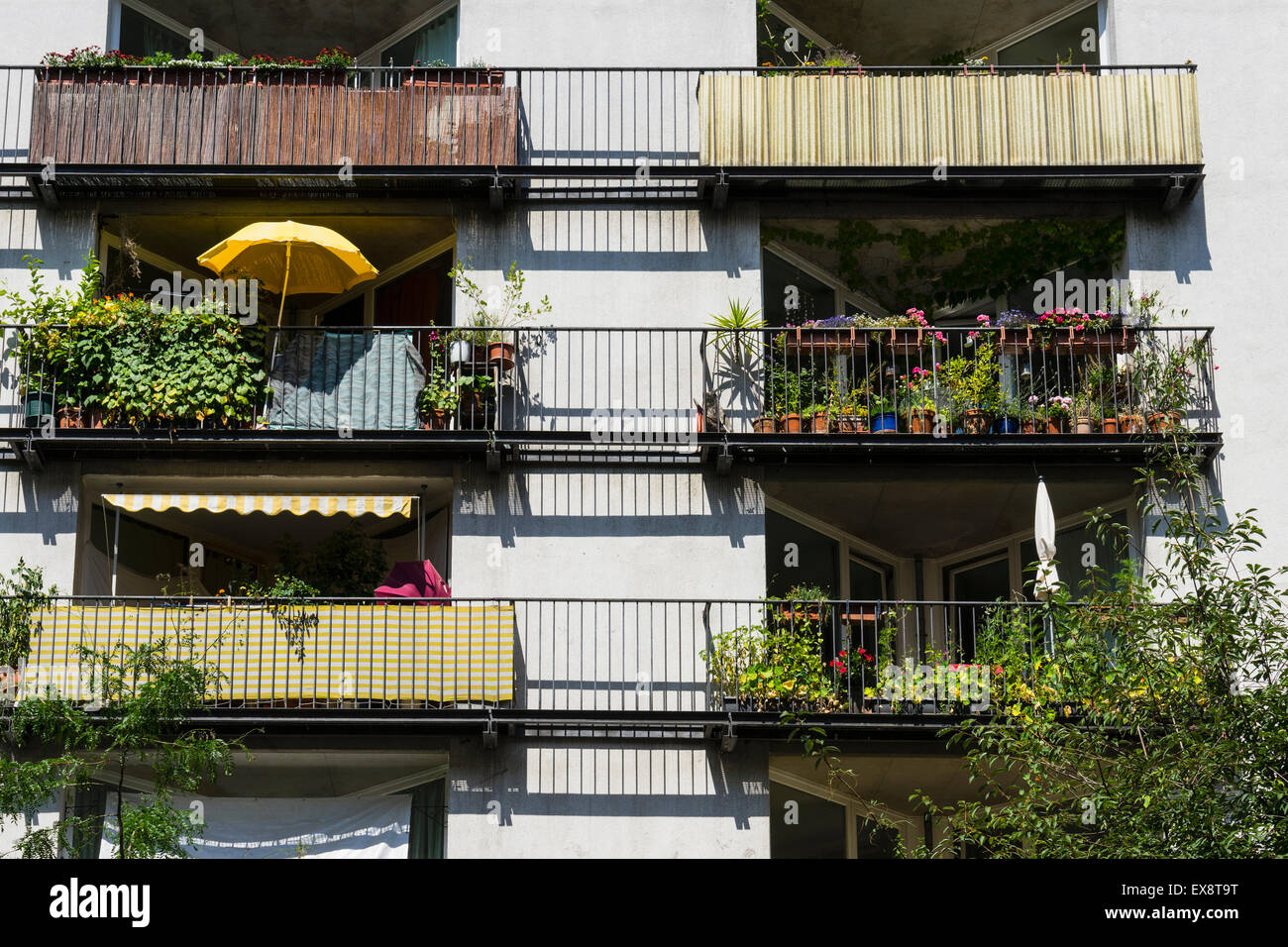 Balconies in summer in modern apartment building in Prenzlauer Berg ...