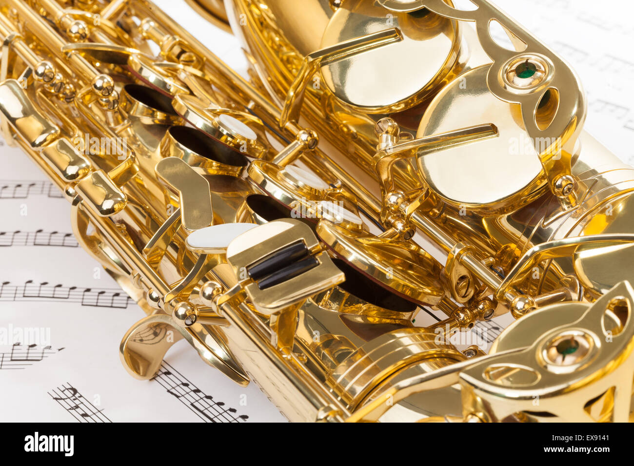 Shiny alto saxophone with detailed view of keys Stock Photo - Alamy