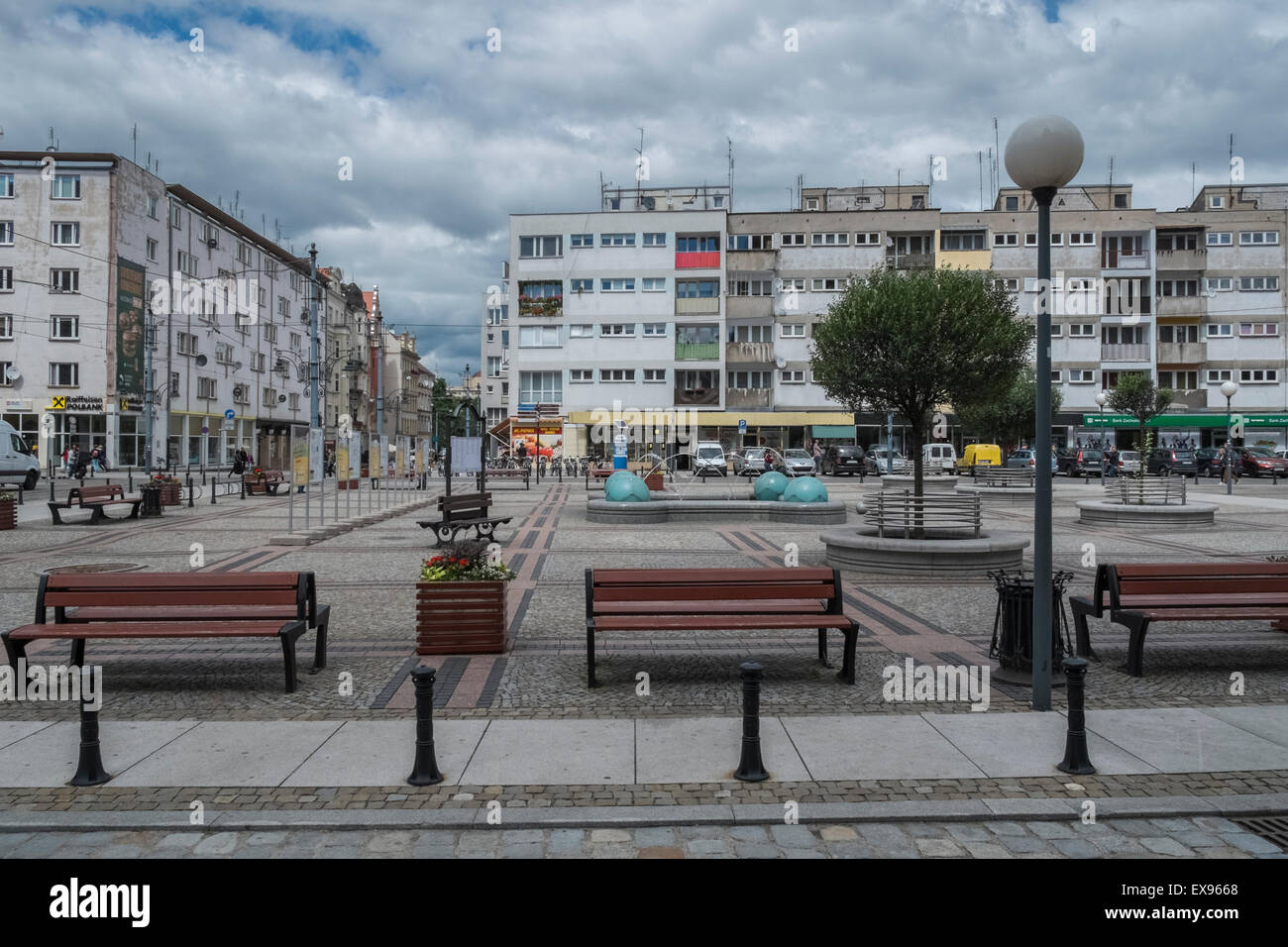 Wroclaw city street / square scene with examples of apartment blocks ...