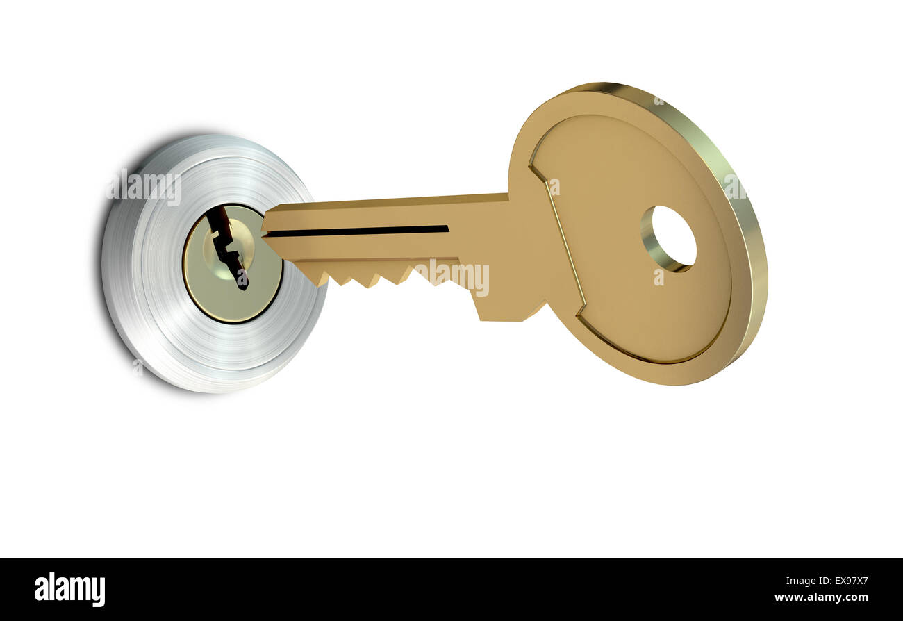 A dead bolt lock shield with a key approaching the slot on an isolated ...