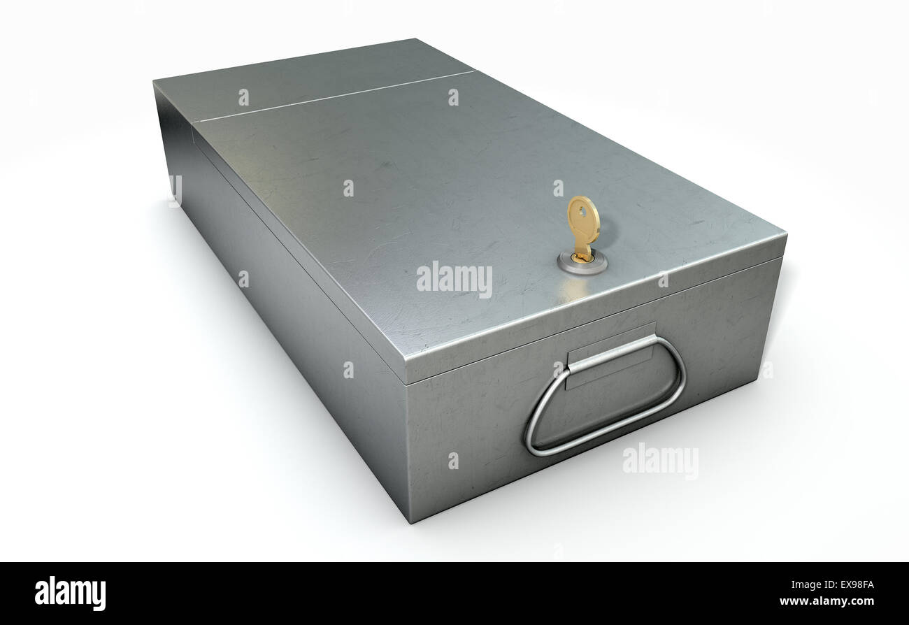 A closed metal bank safety deposit box on an isolated studio background ...