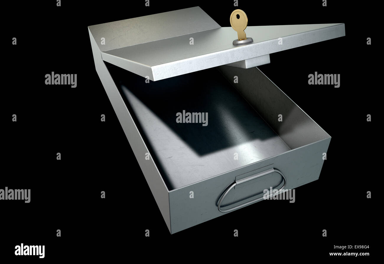 An open metal bank safety deposit box on an isolated studio background ...