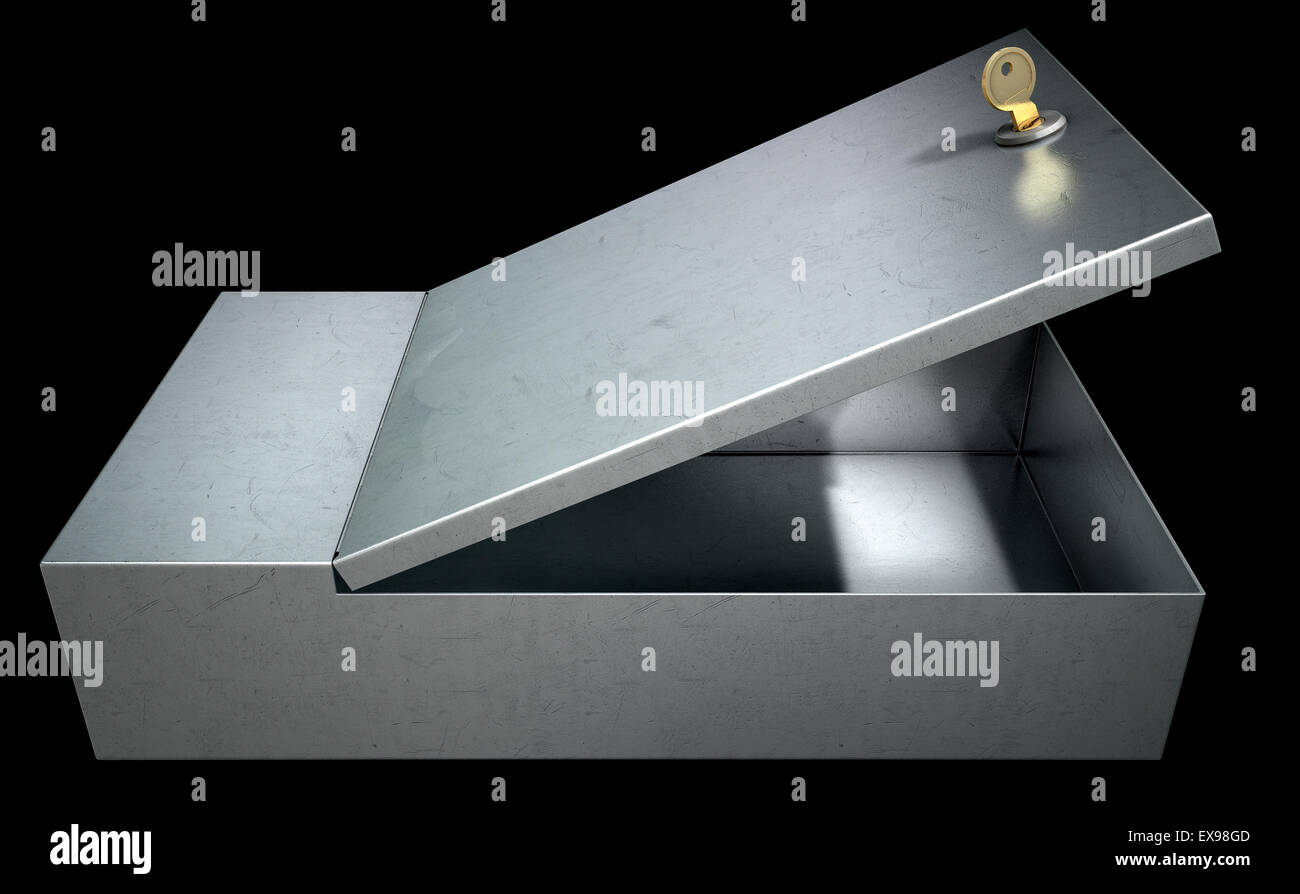 An open metal bank safety deposit box on an isolated studio background ...