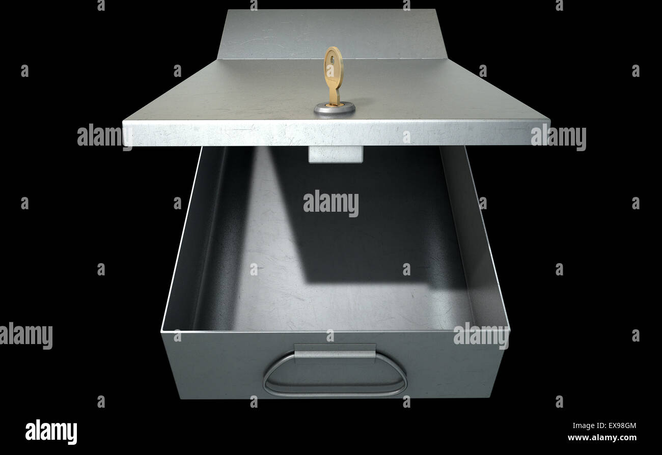 An open metal bank safety deposit box on an isolated studio background ...