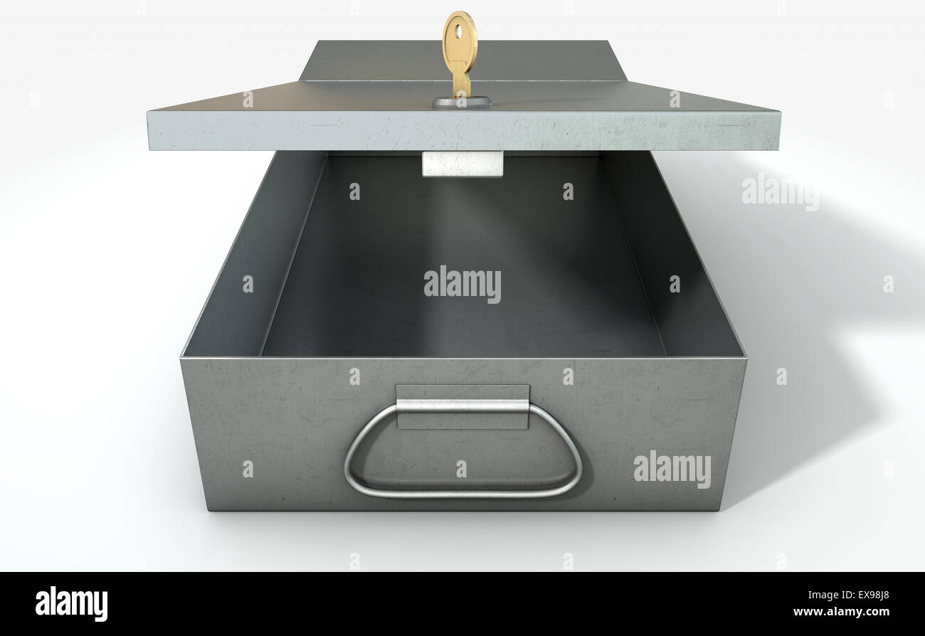 An open metal bank safety deposit box on an isolated white studio ...