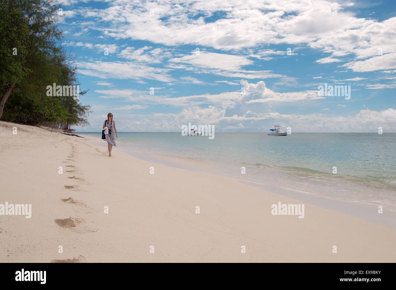 Young woman walking along the sandy shores of the Indian Ocean, Denis ...