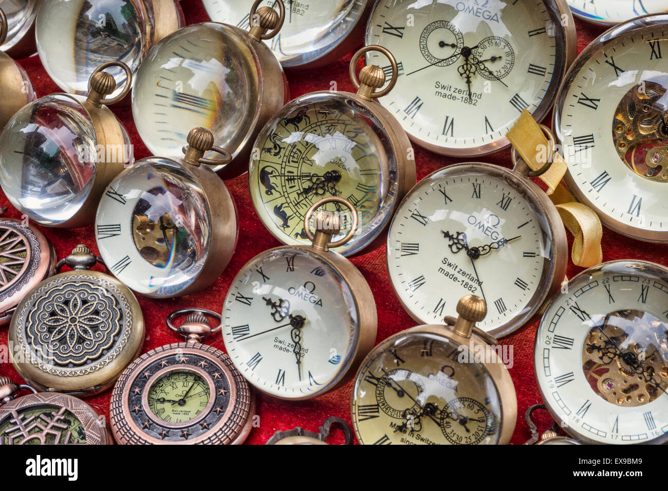Collection of old pocket watches at a flea market (Cat Street Market on ...