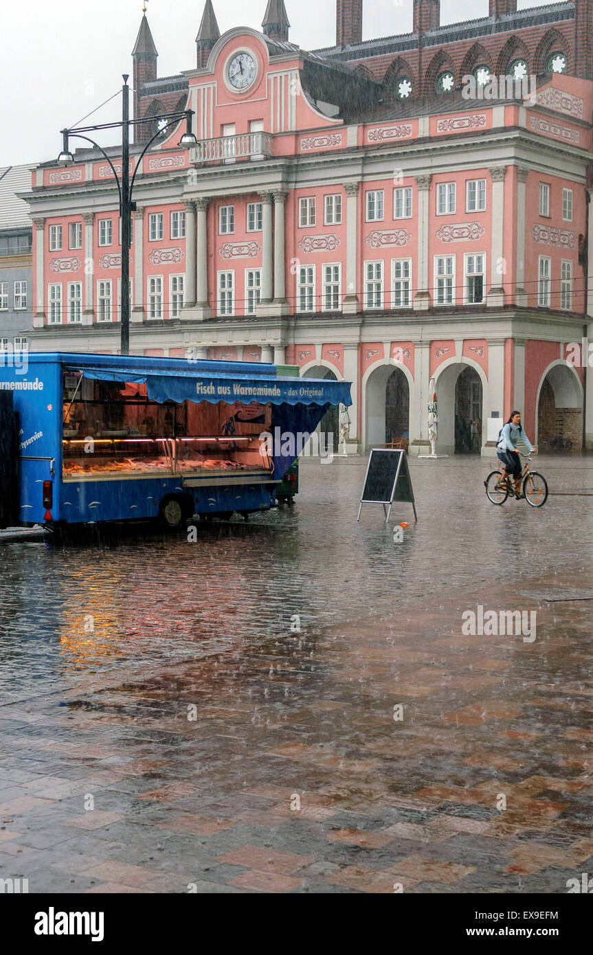 Heavy rain. Neuer Market Square. Rostock. Mecklenburg. Western ...