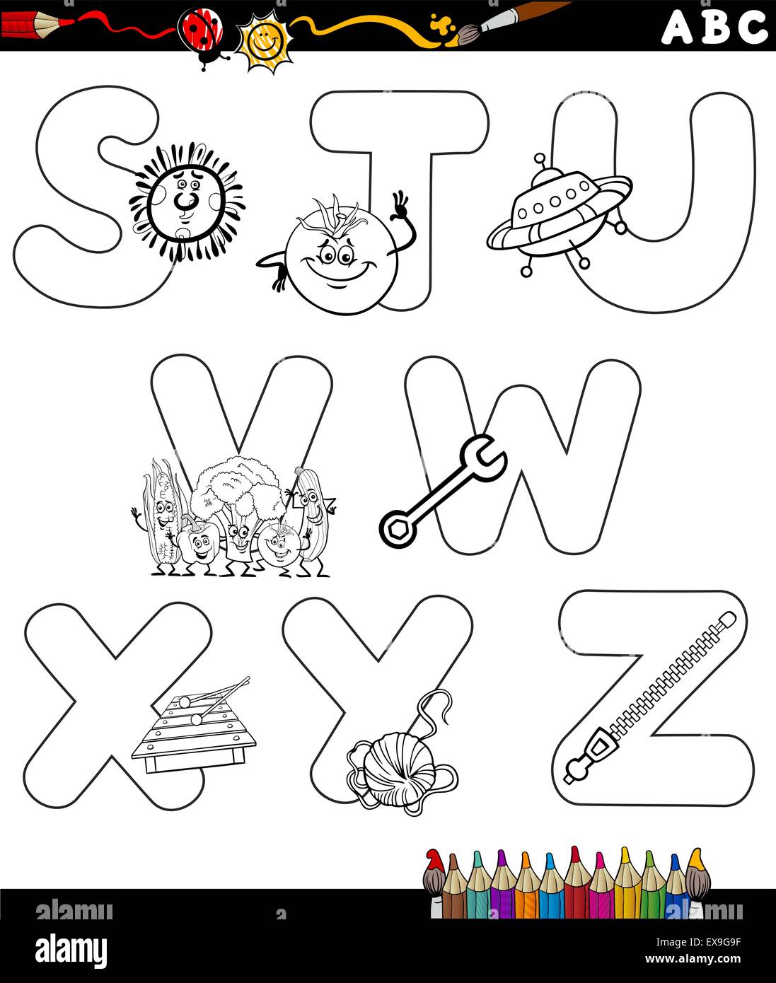 Black and White Cartoon Illustration of Capital Letters Alphabet with ...