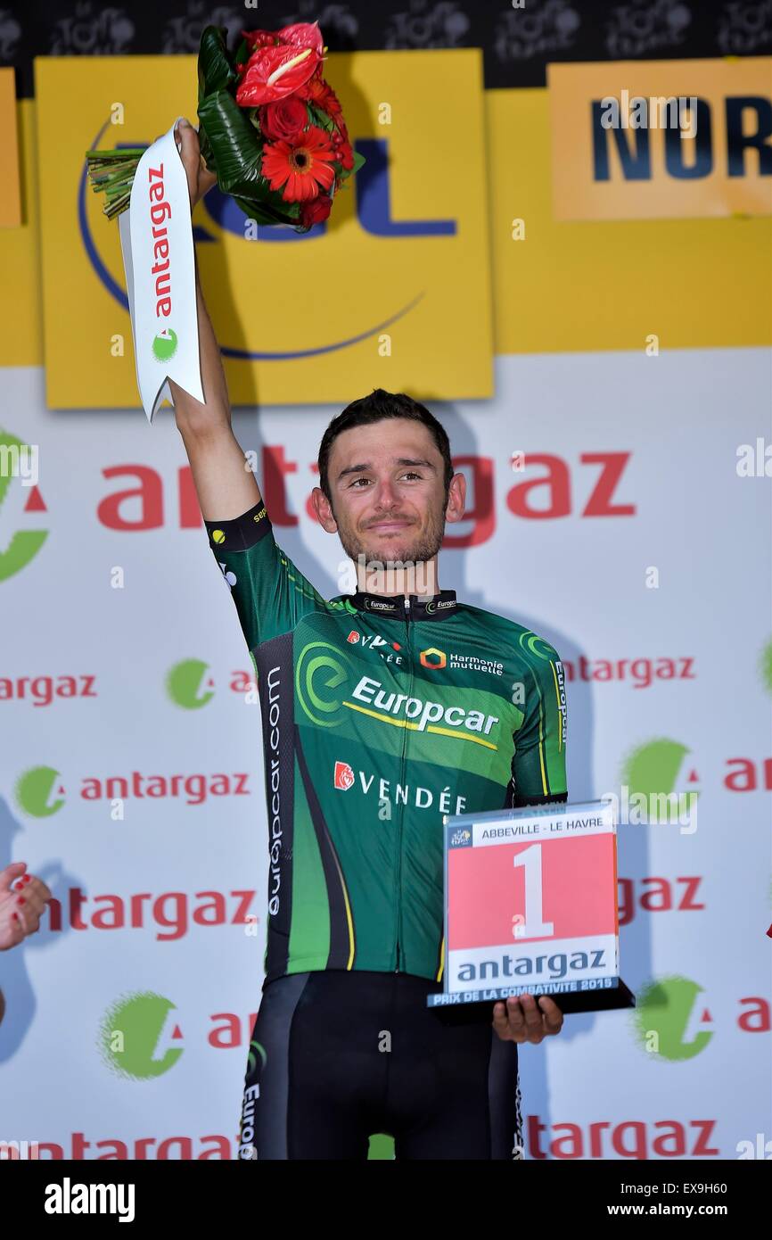 QUEMENEUR Perrig of Team Europcar receives the combativity award during ...