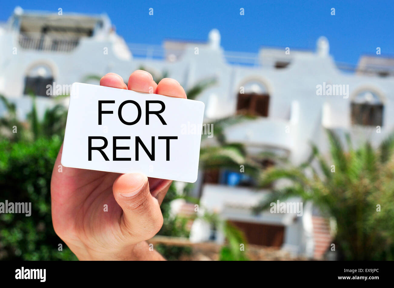 closeup of the hand of a man holding a signboard with the text for rent ...