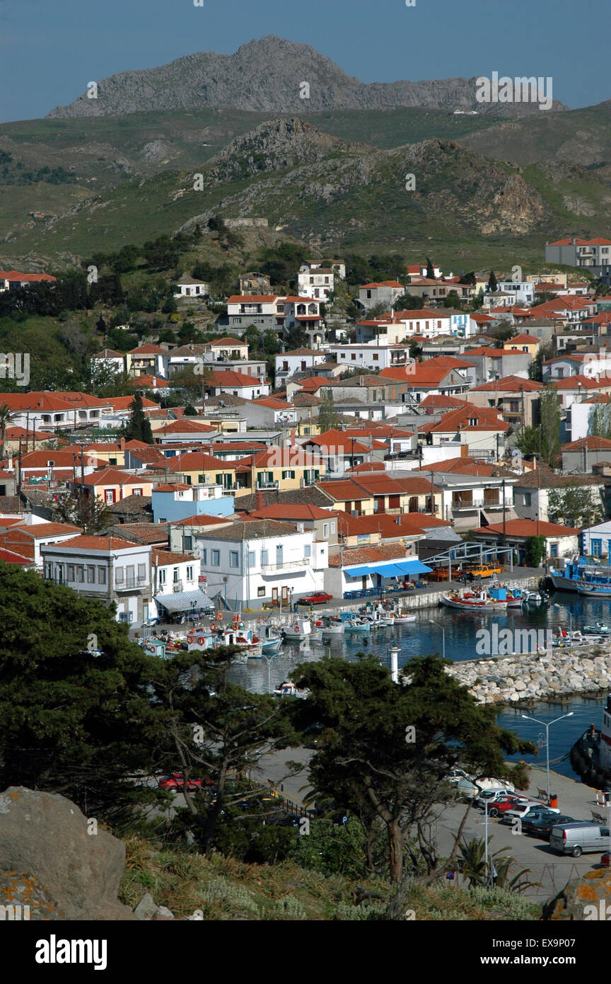 Myrina settlement. View of the downtown's old port quay area the ...