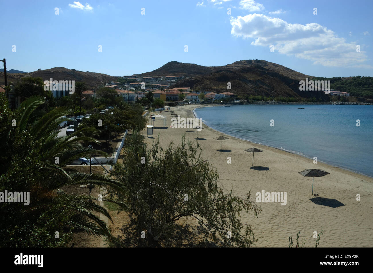 Tourkikos beach with kiosks along the shoreline. Lemnos island or ...