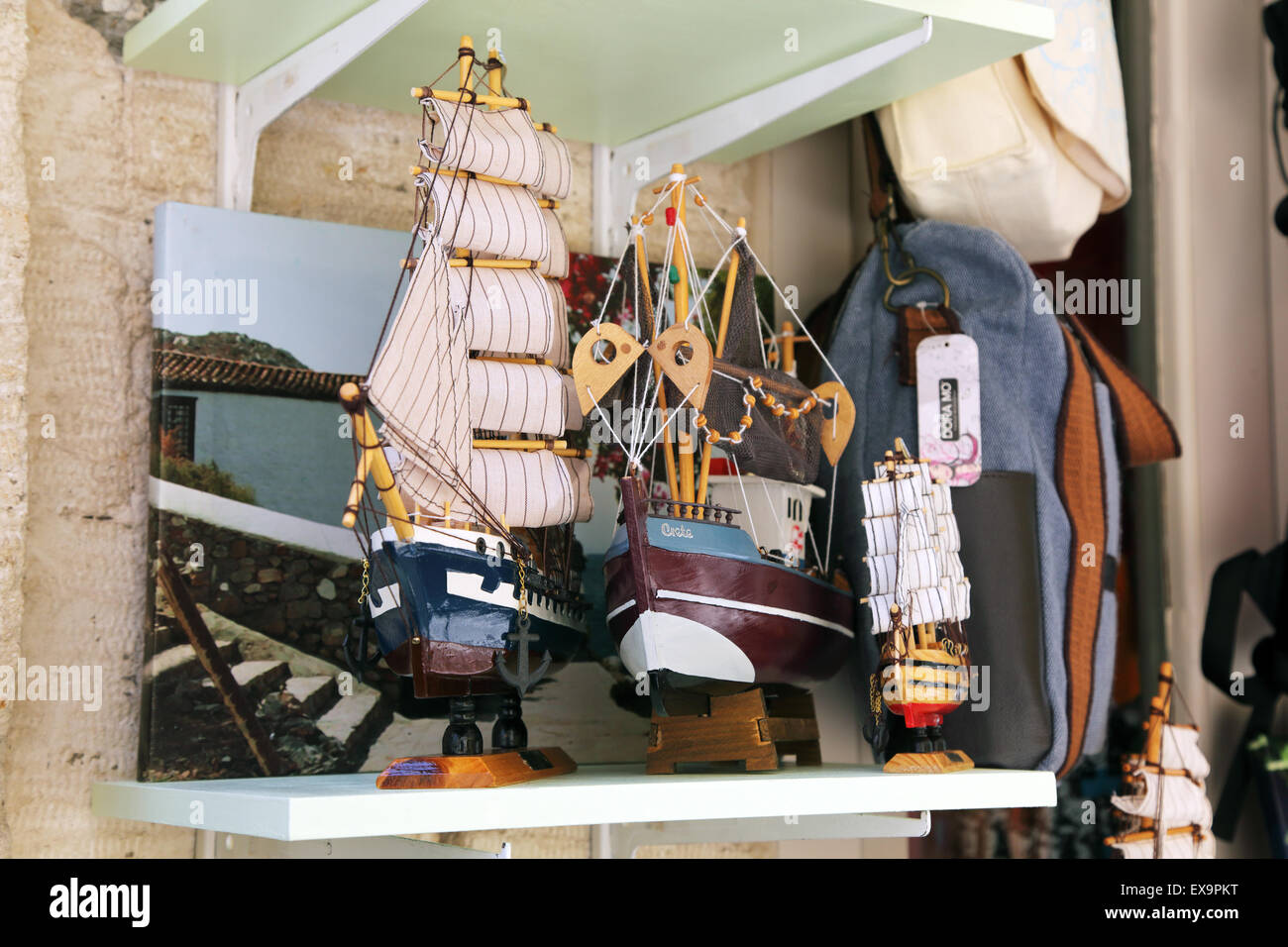Toy sailing boats - souvenirs of the island of Crete, Rethimno City ...