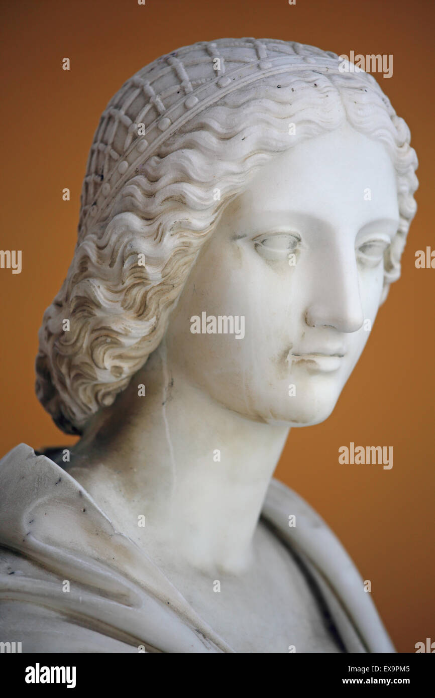 A statue of a woman in the Achilleion Palace (Sissi palace). Village of ...