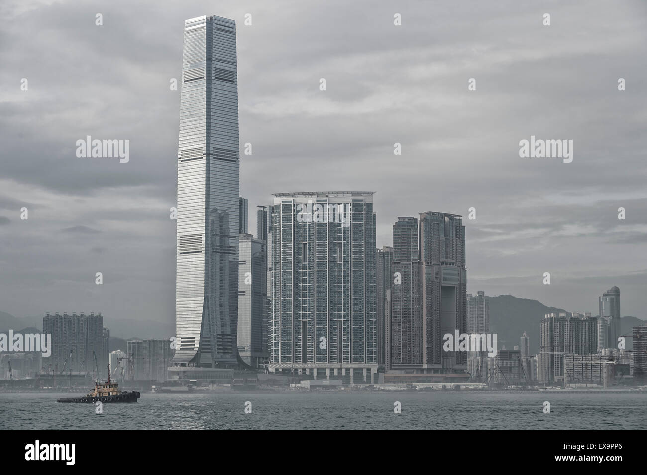 Low-contrast image of ICC tower, in Kowloon West, the highest building ...